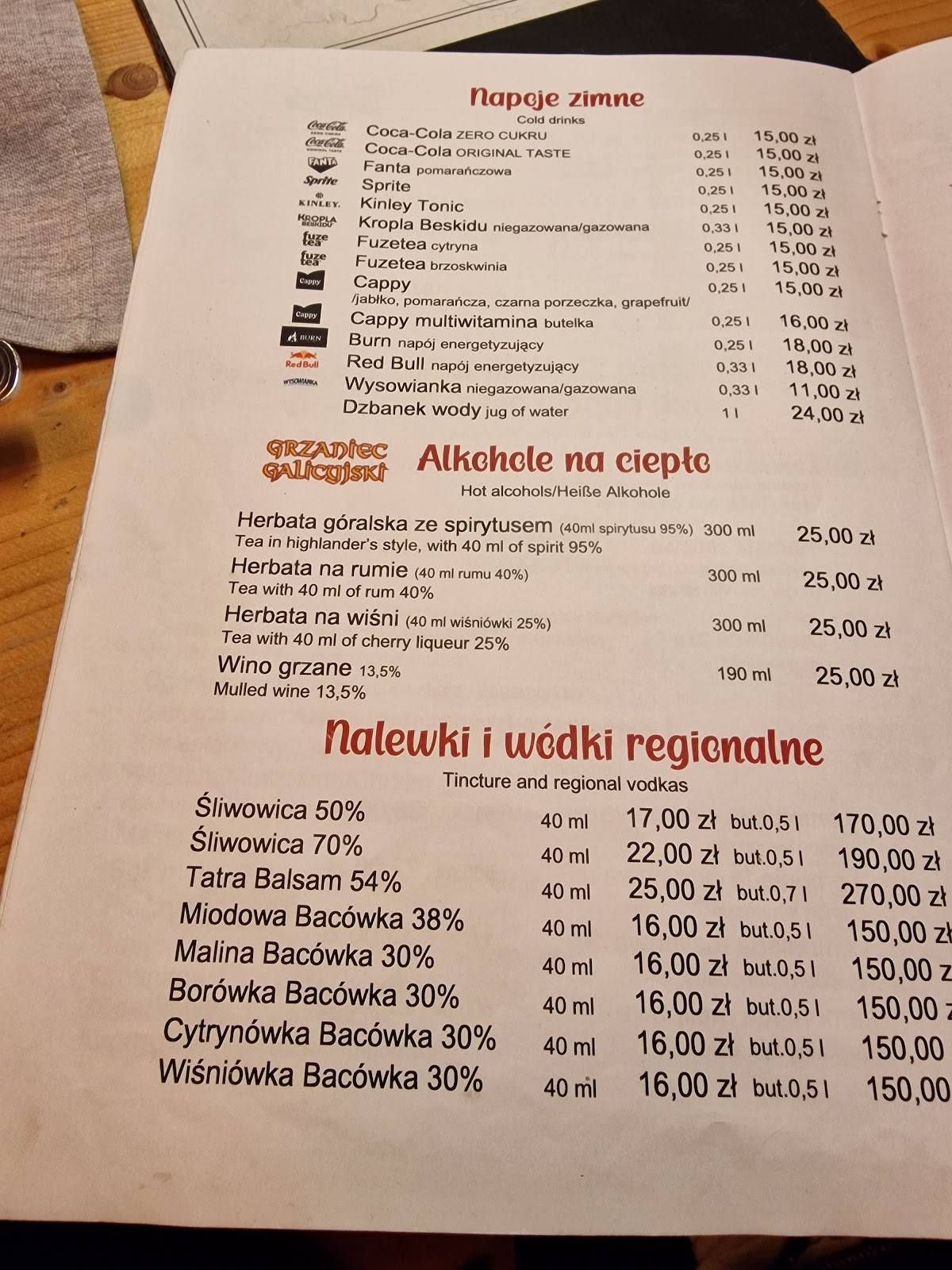 Menu at Karczma Bacówka restaurant, Zakopane