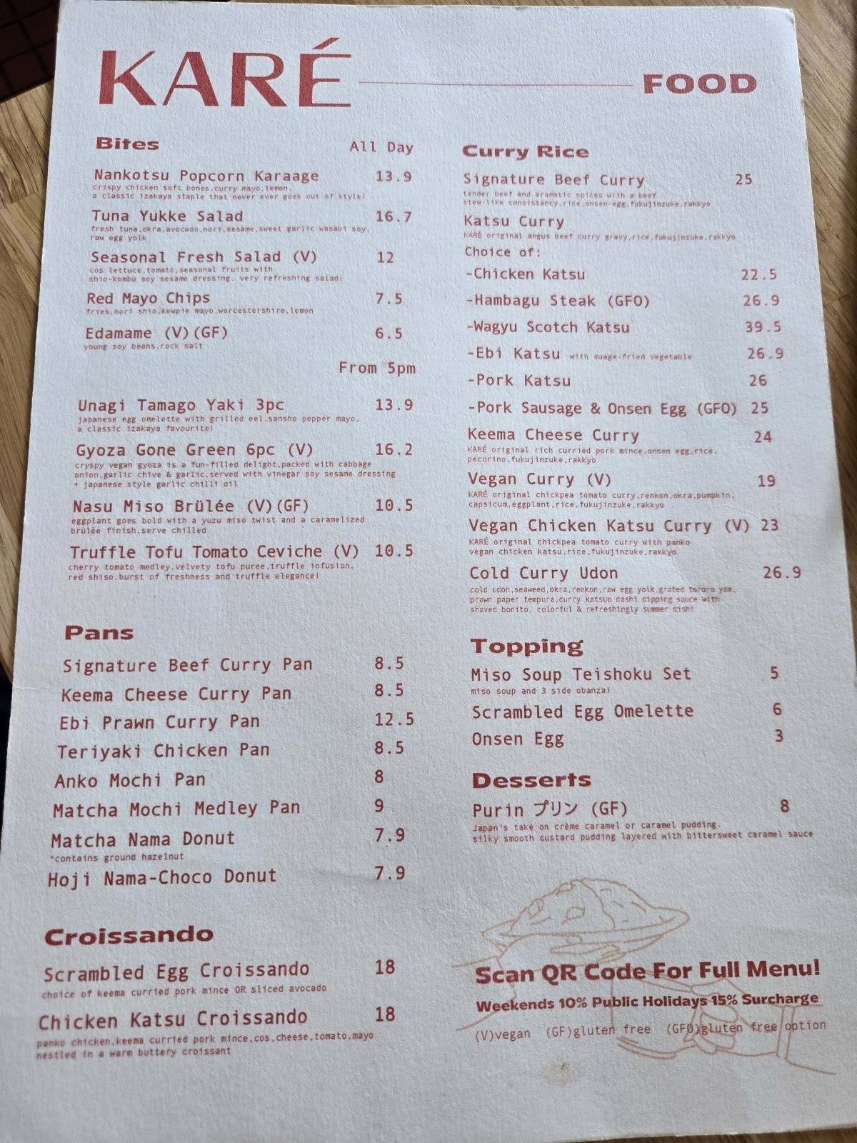 Menu at Karé Curry restaurant, West Melbourne