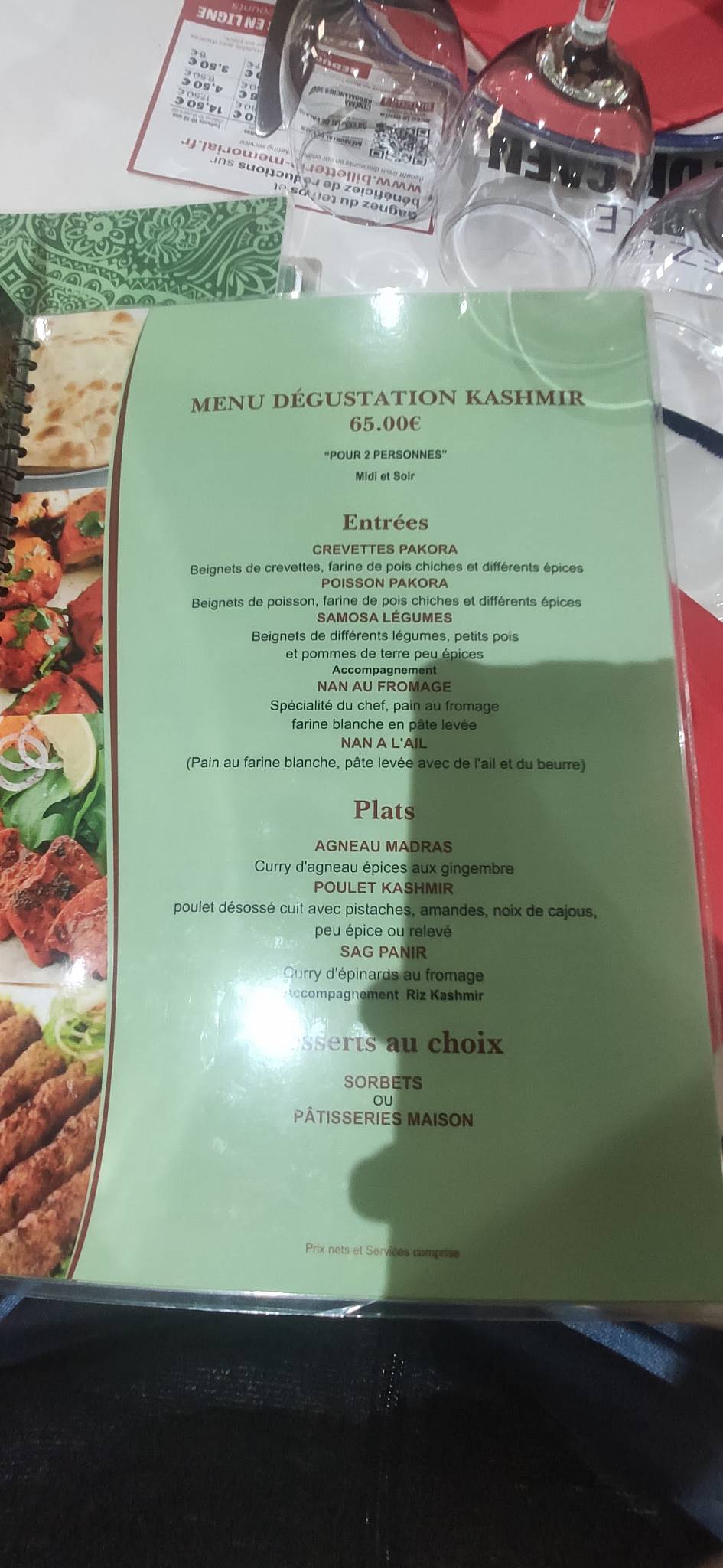 Menu at Kashmir restaurant, Caen