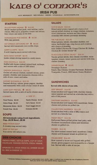 Menu at Kate O'Connor's Irish Pub, New Carlisle