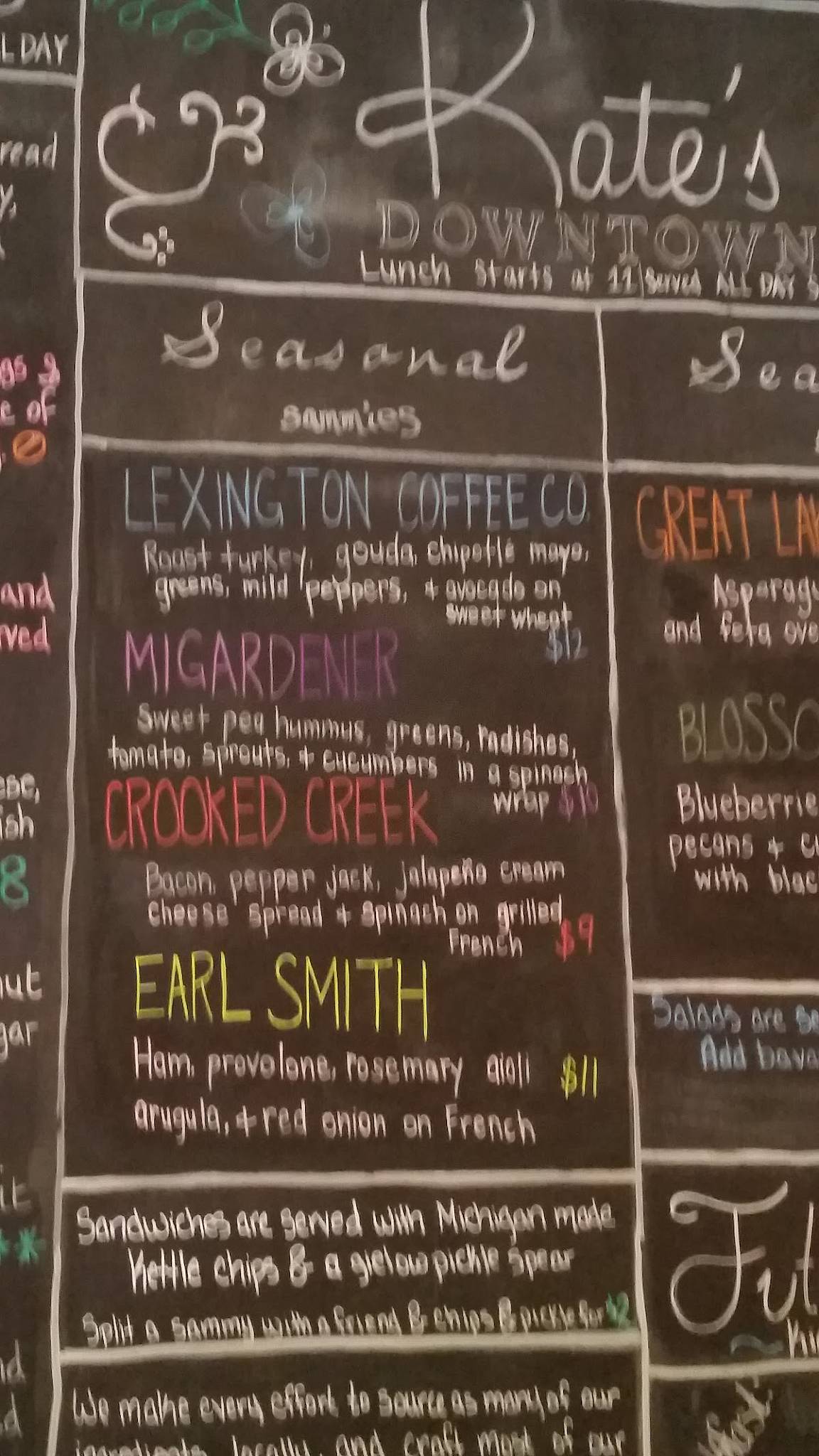 Menu at Kate's Downtown cafe, Port Huron