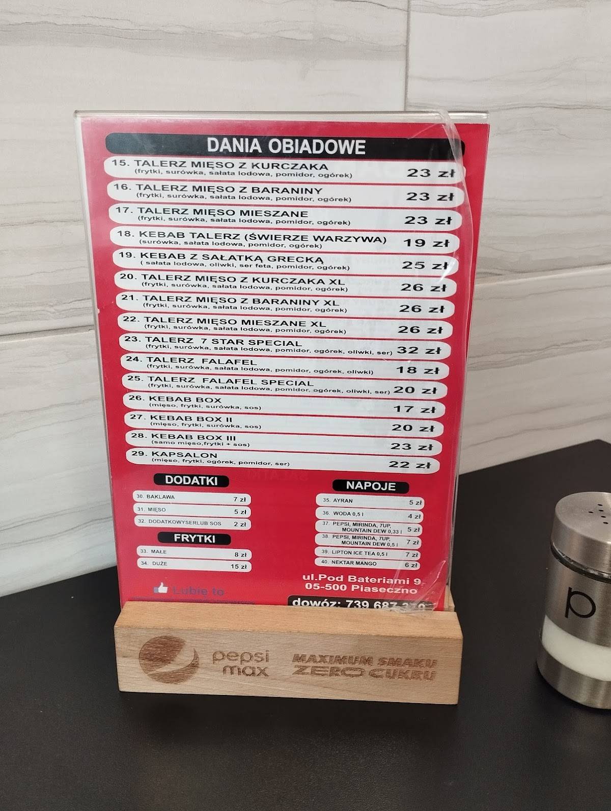 Menu at Kebab 7 Star restaurant, Piaseczno
