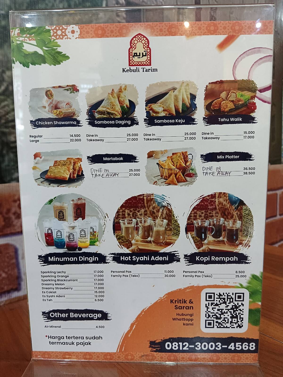 Carta del restaurante Kebuli Tarim, Malang