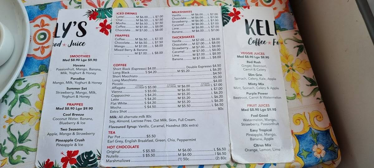 Menu at Kellys (By the Sea) cafe, Burnett Heads