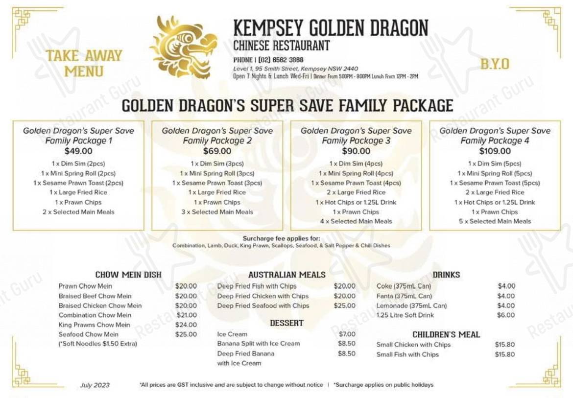 Menu at Kempsey Golden Dragon Chinese Restaurant, Kempsey
