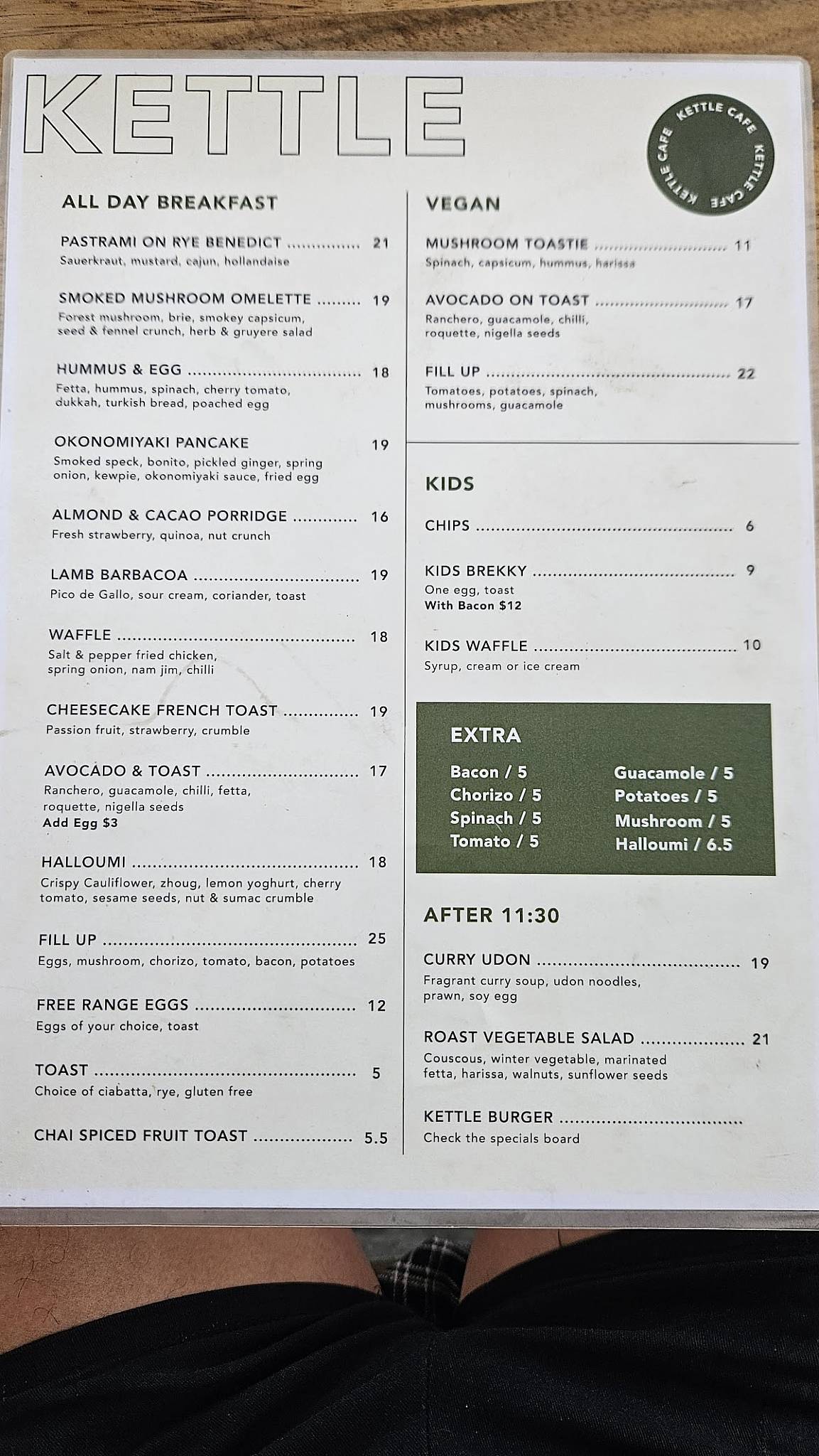 Menu at Kettle Cafe, Lathlain