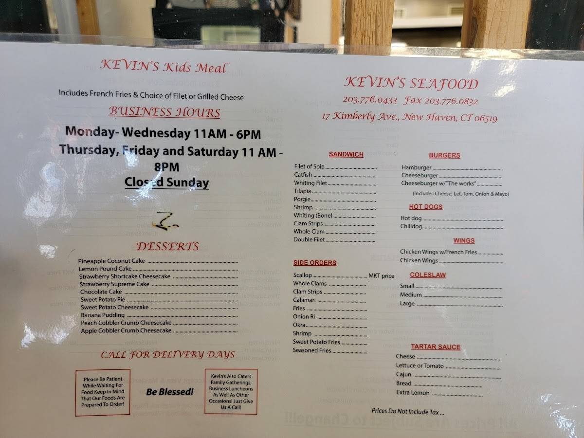 Menu at Kevin's Seafood restaurant, New Haven