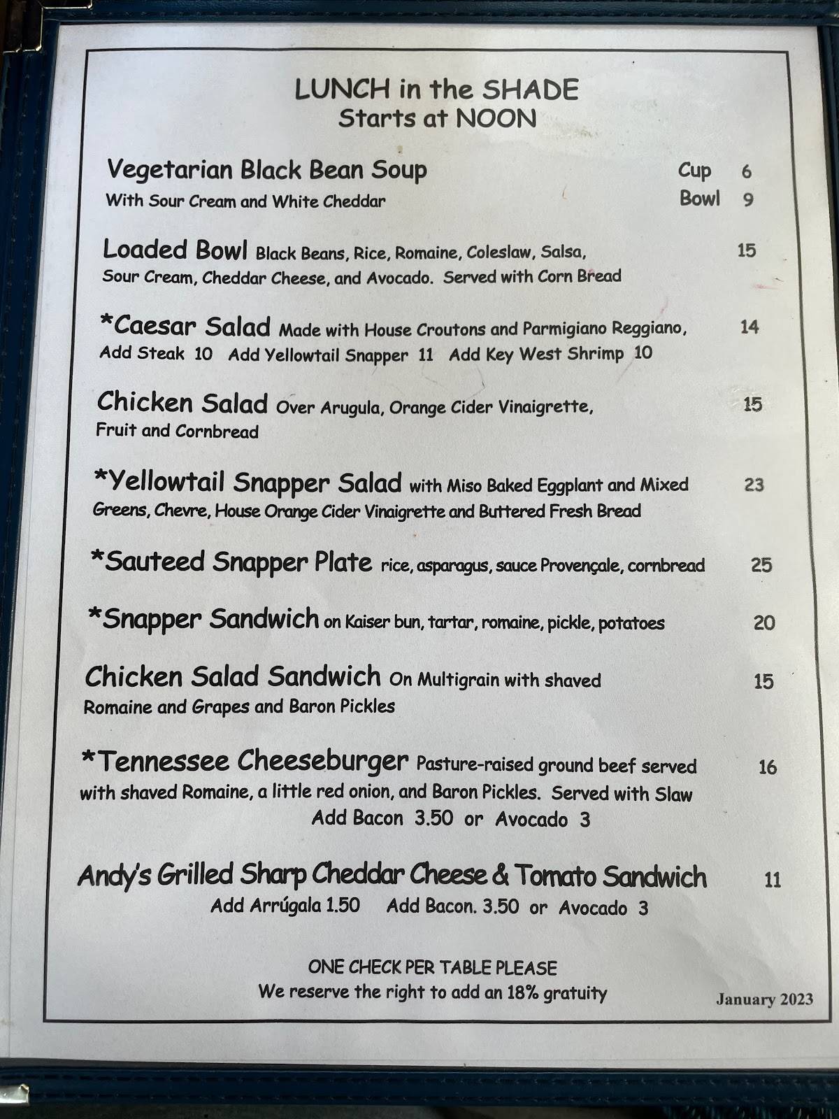 Menu at Blue Heaven restaurant, Key West