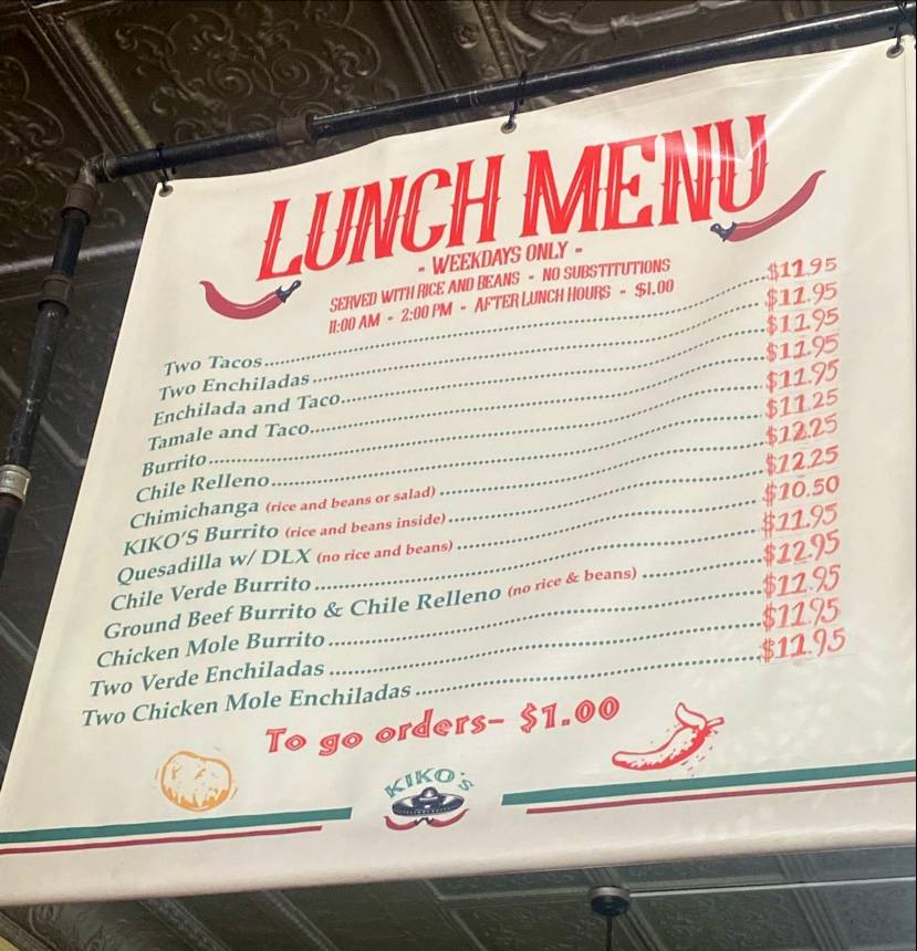 Menu at Kiko’s Mexican Restaurant, Philipsburg
