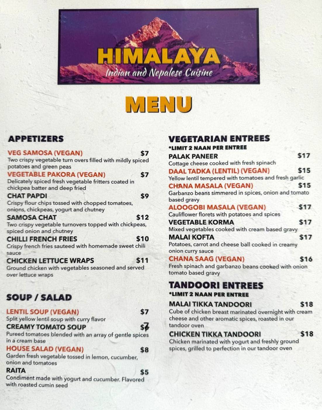 Menu at Himalaya Indian Cuisine restaurant, Kitty Hawk