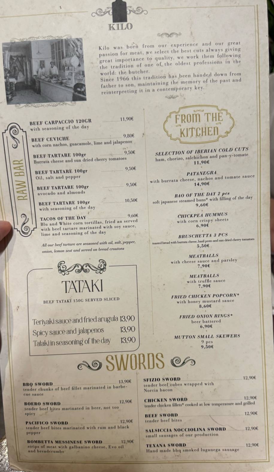 Menu at Kilo Restaurant, Rome, Via Tirso