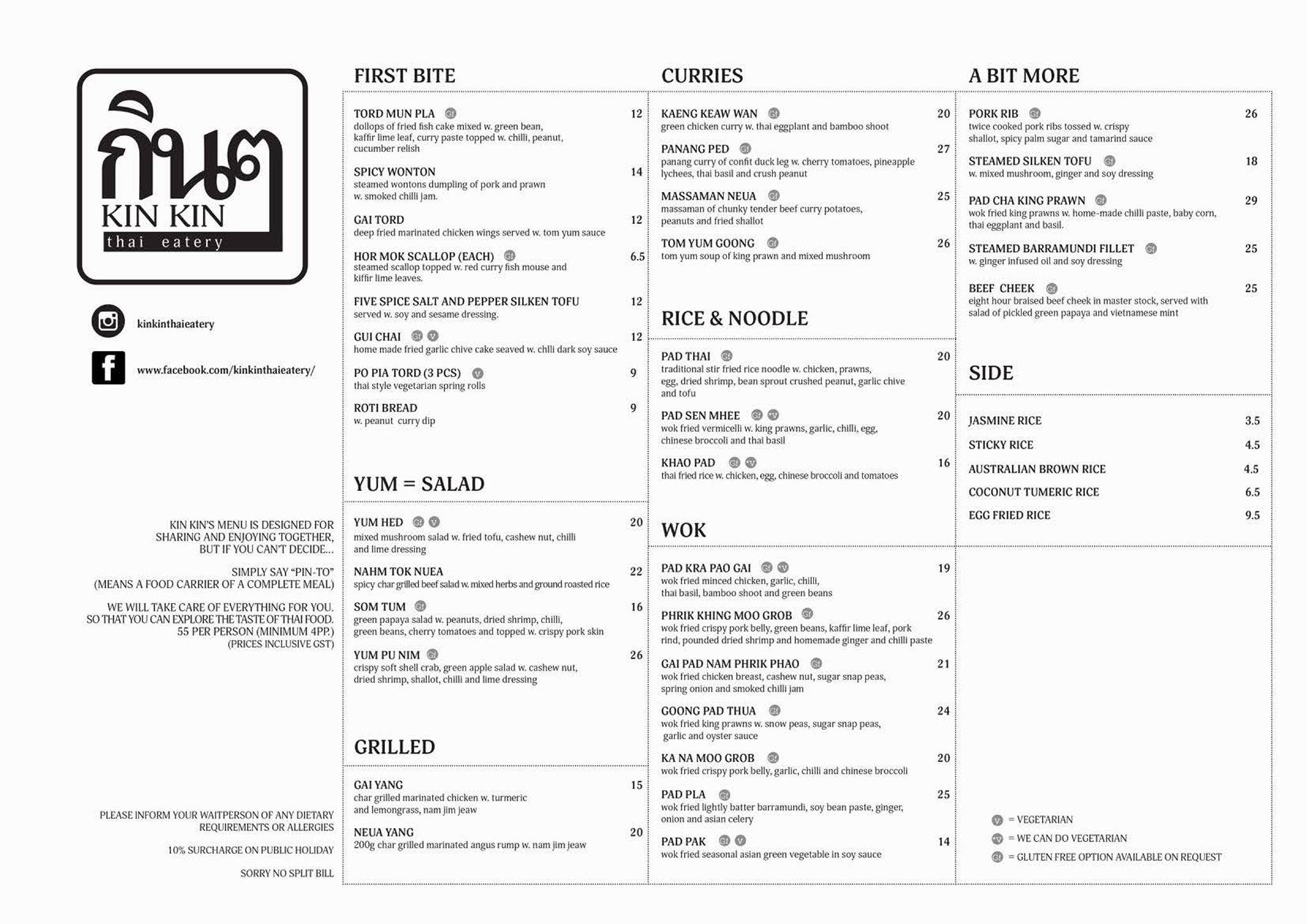 Menu at Kin Kin Thai Eatery restaurant, Adelaide