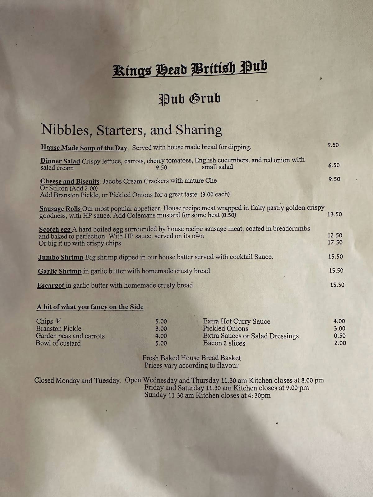 Menu at Kings Head British Pub, St. Augustine