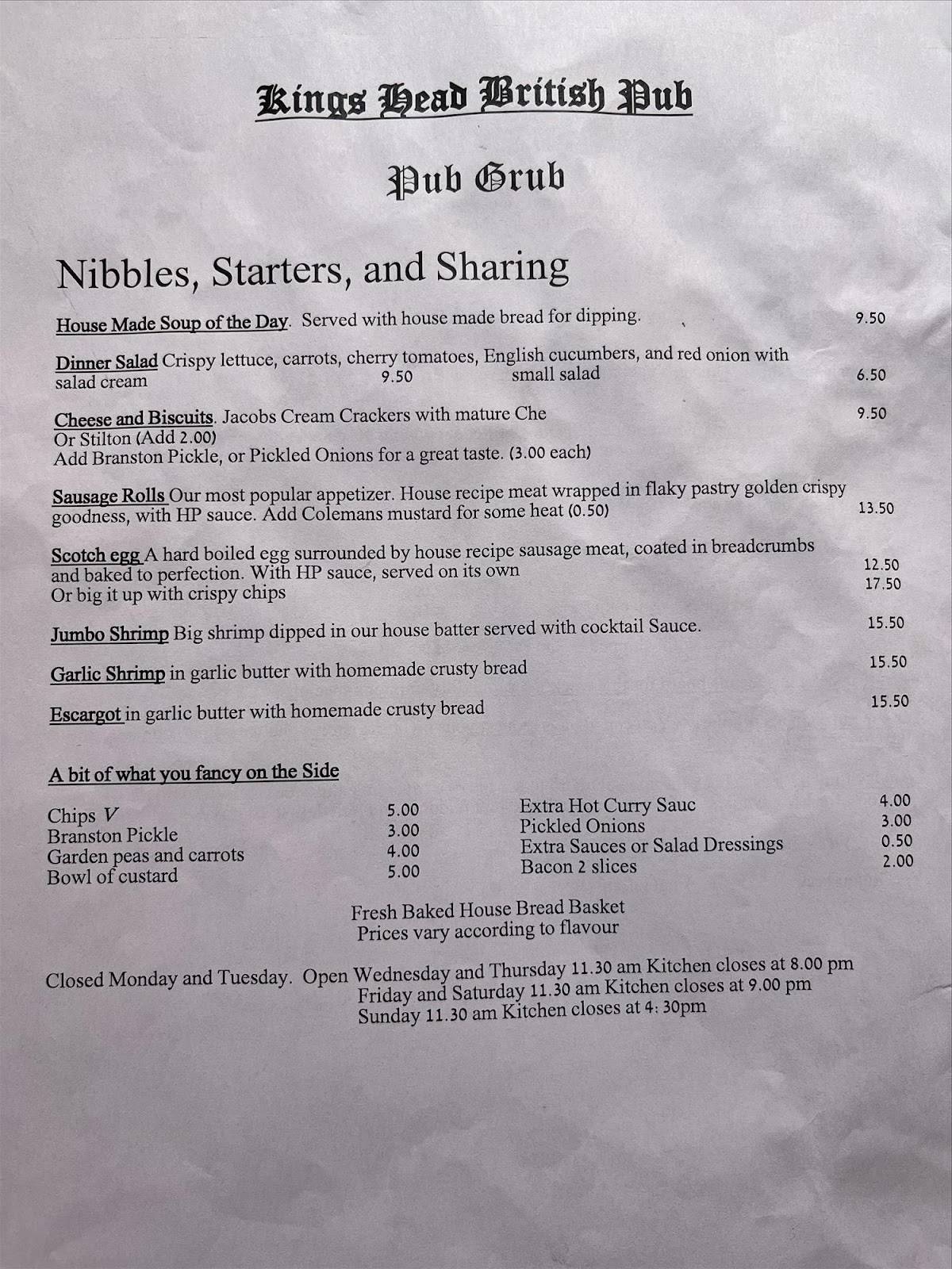 Menu at Kings Head British Pub, St. Augustine