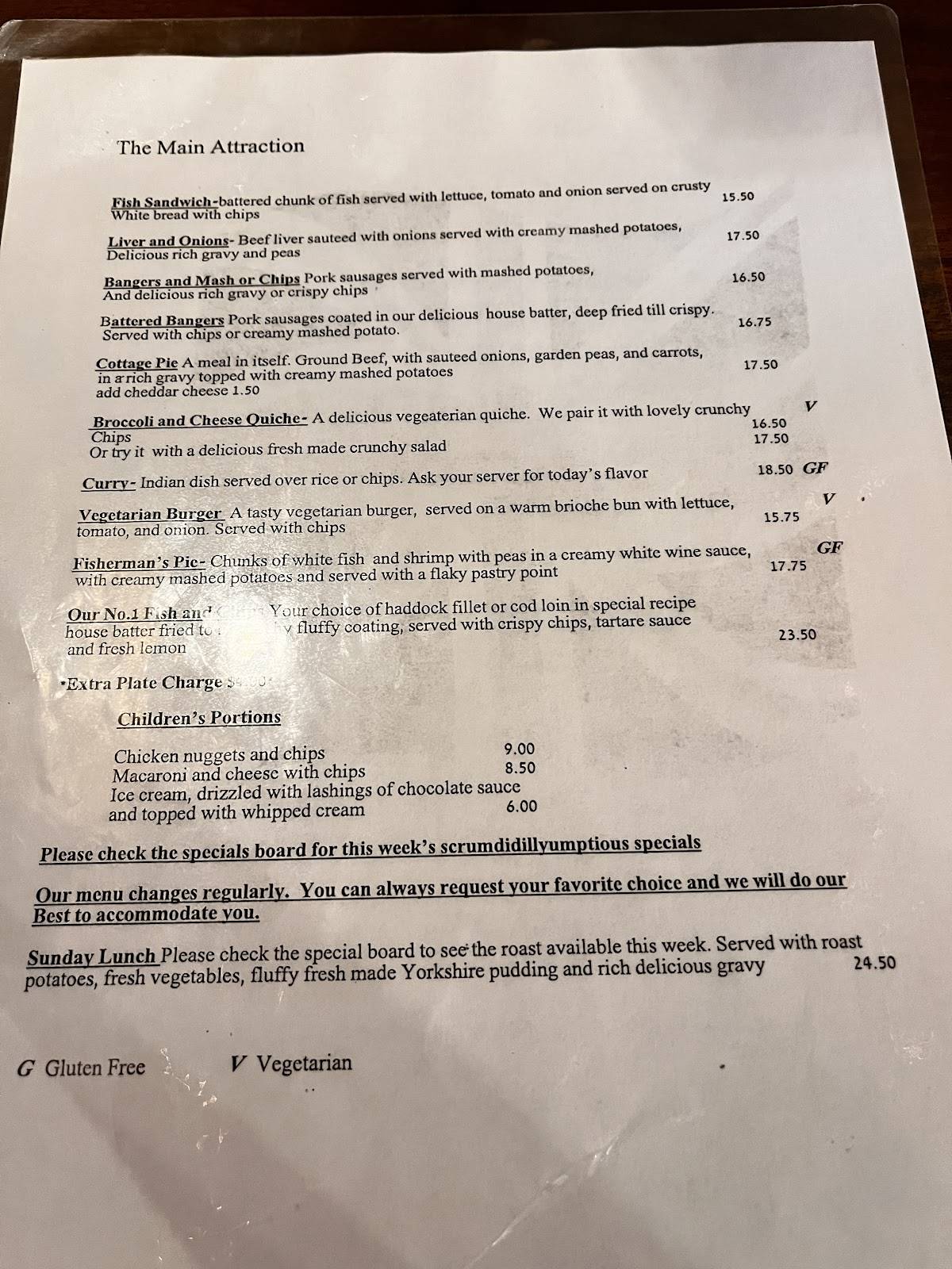 Menu at Kings Head British Pub, St. Augustine