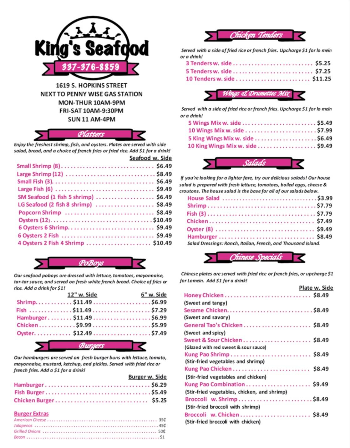 Menu at King’s Seafood New Iberia restaurant, New Iberia