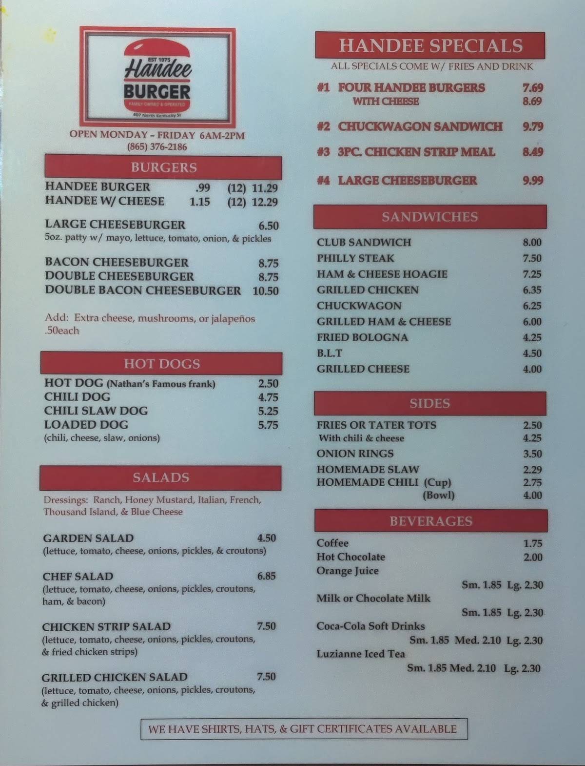 Menu at Handee Burger restaurant, Kingston