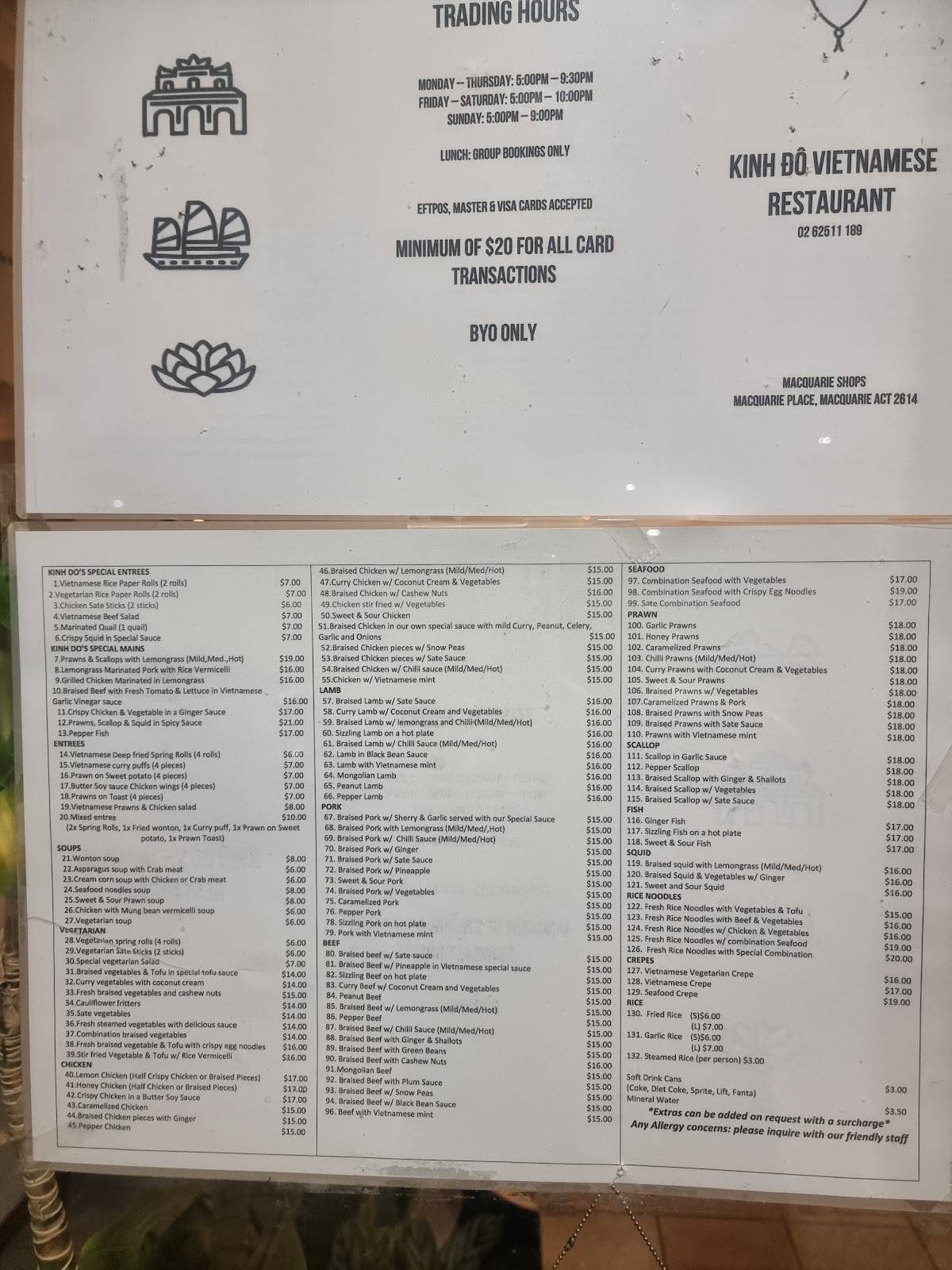 Menu at Kinh Do restaurant, Macquarie
