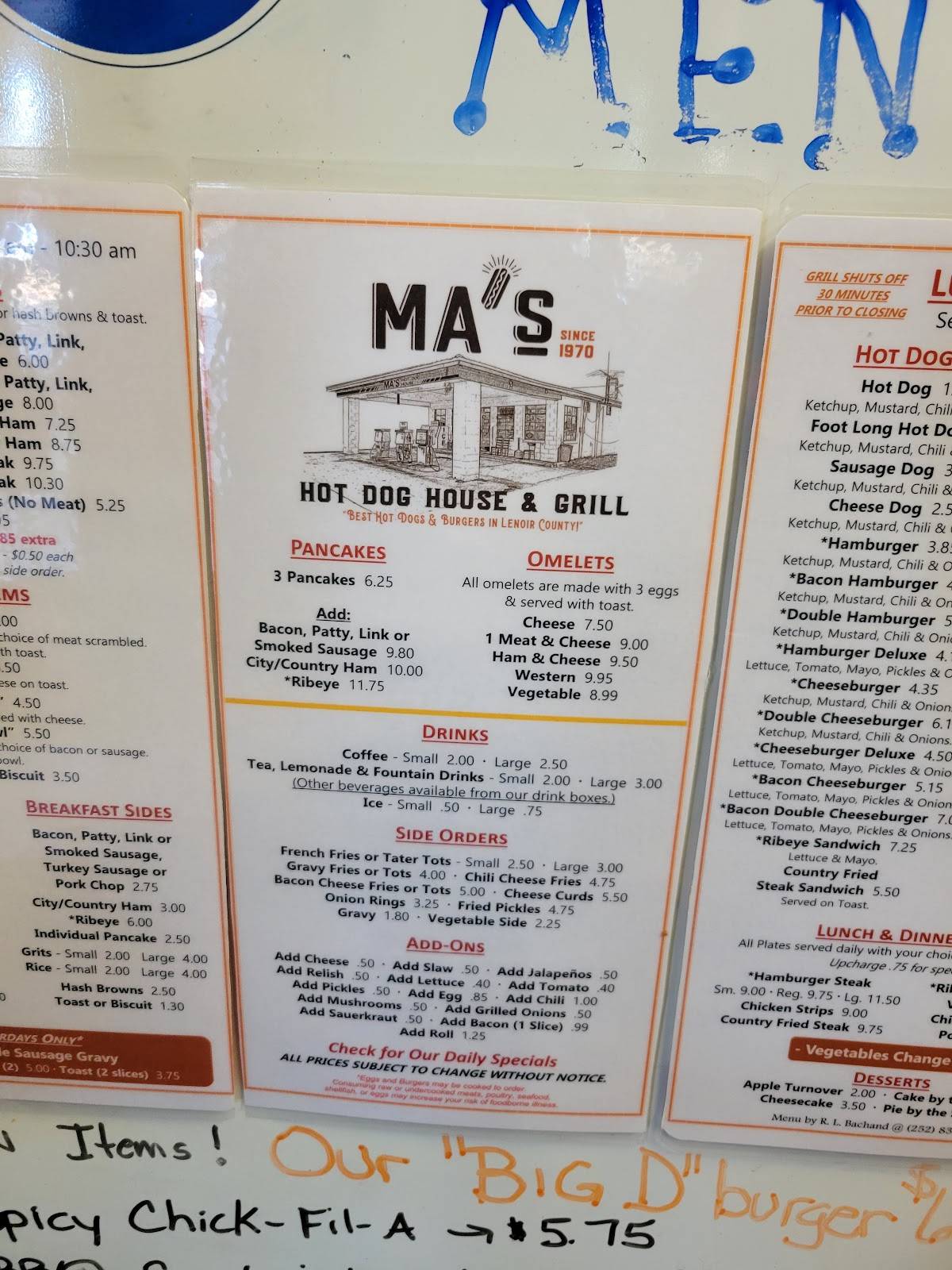 Menu at Ma's Hot Dog House restaurant, Kinston, 2515 US-258