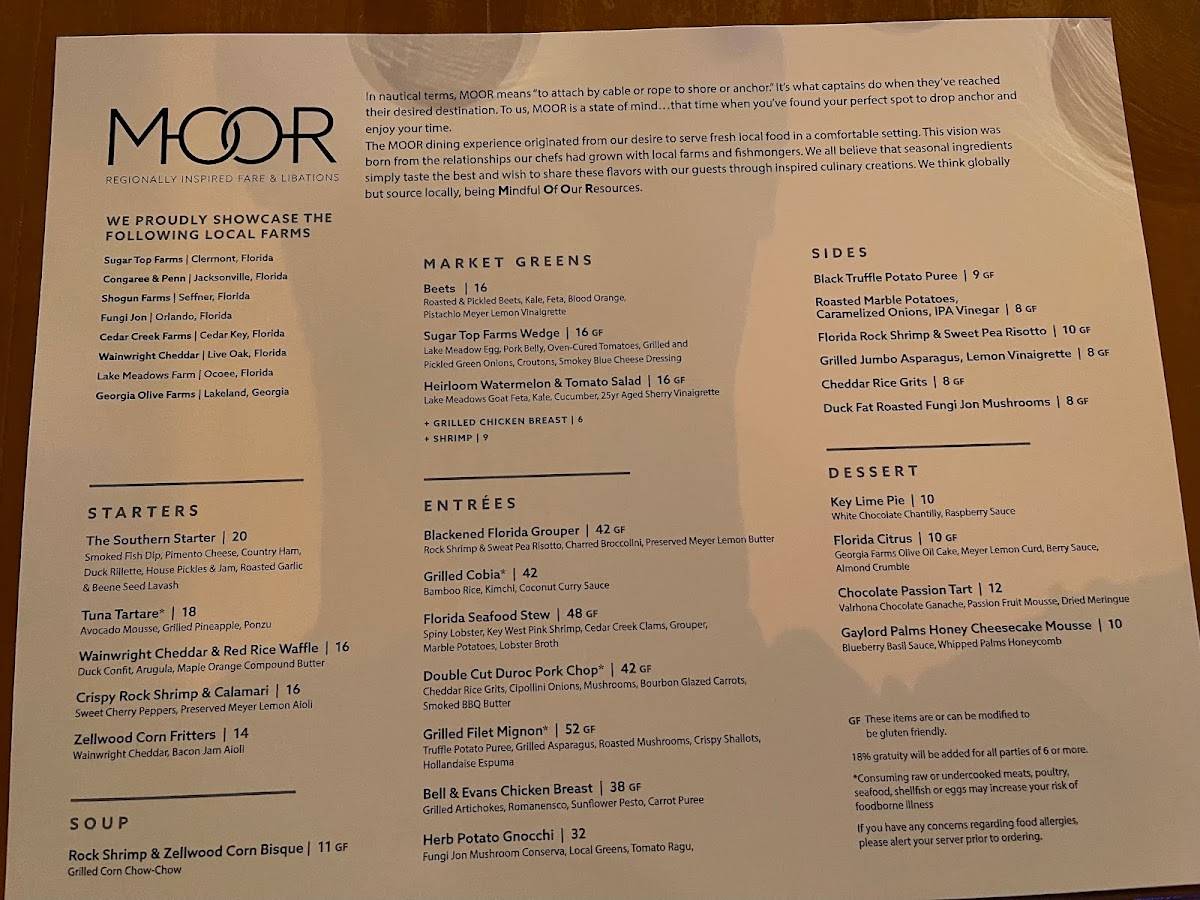 Menu at MOOR restaurant, Kissimmee