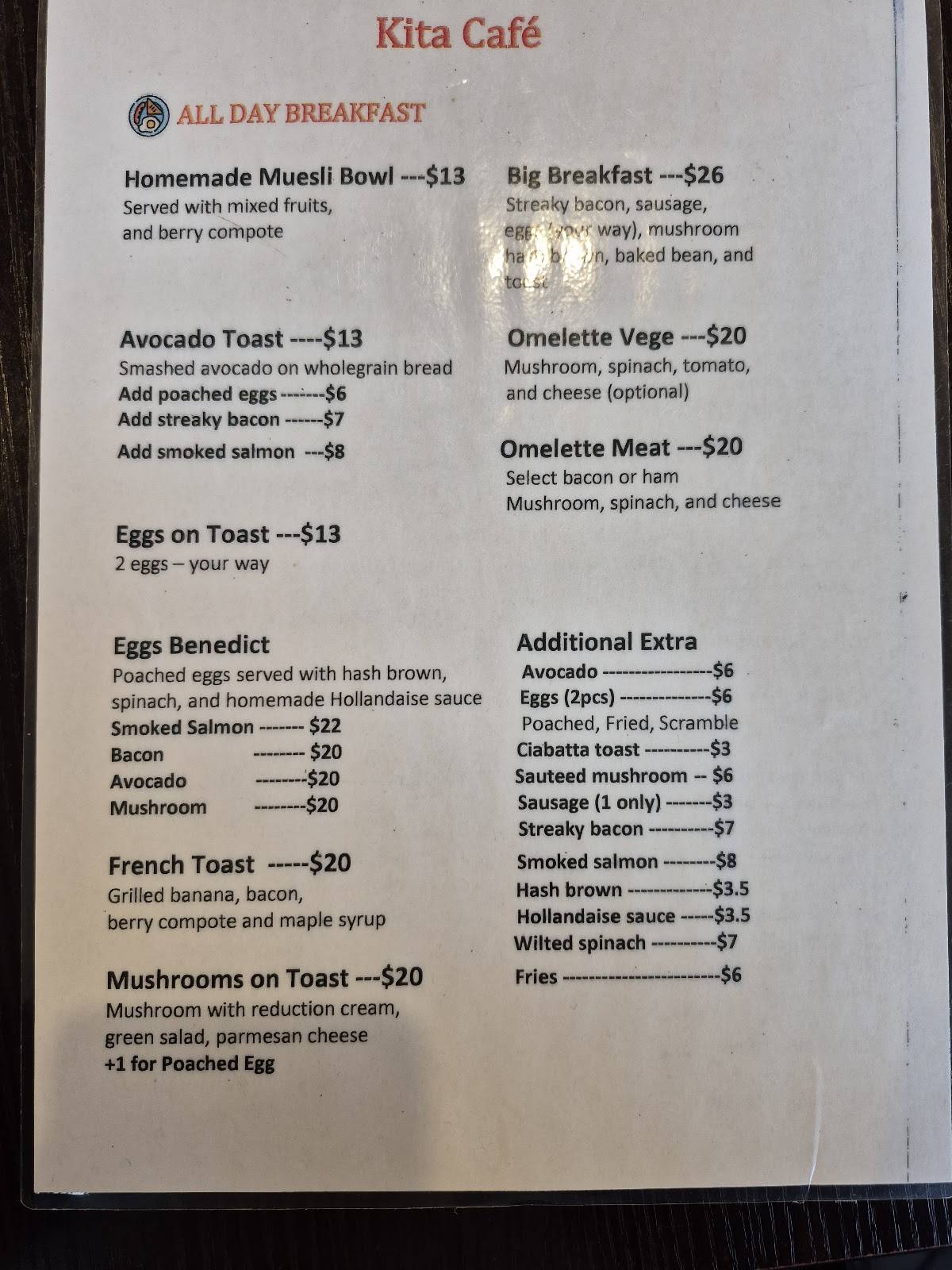 Menu at Kita Cafe, Auckland