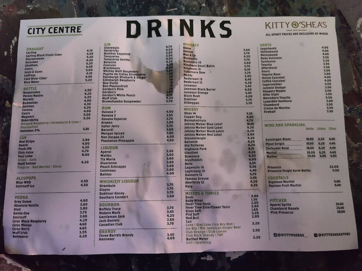 Menu at Kitty O'Shea's pub & bar, Glasgow