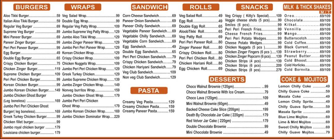 Menu at Kitty's Corner, Bengaluru