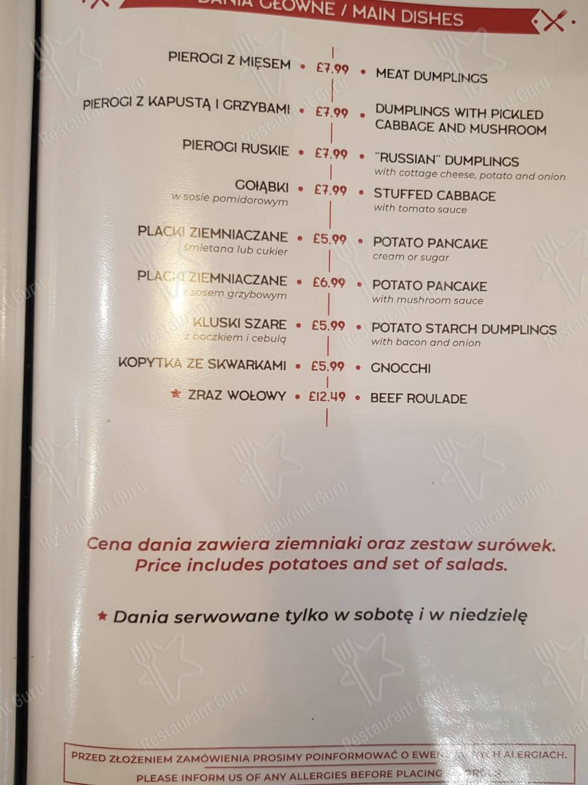 Menu at Kluseczka Restaurant, Greenford