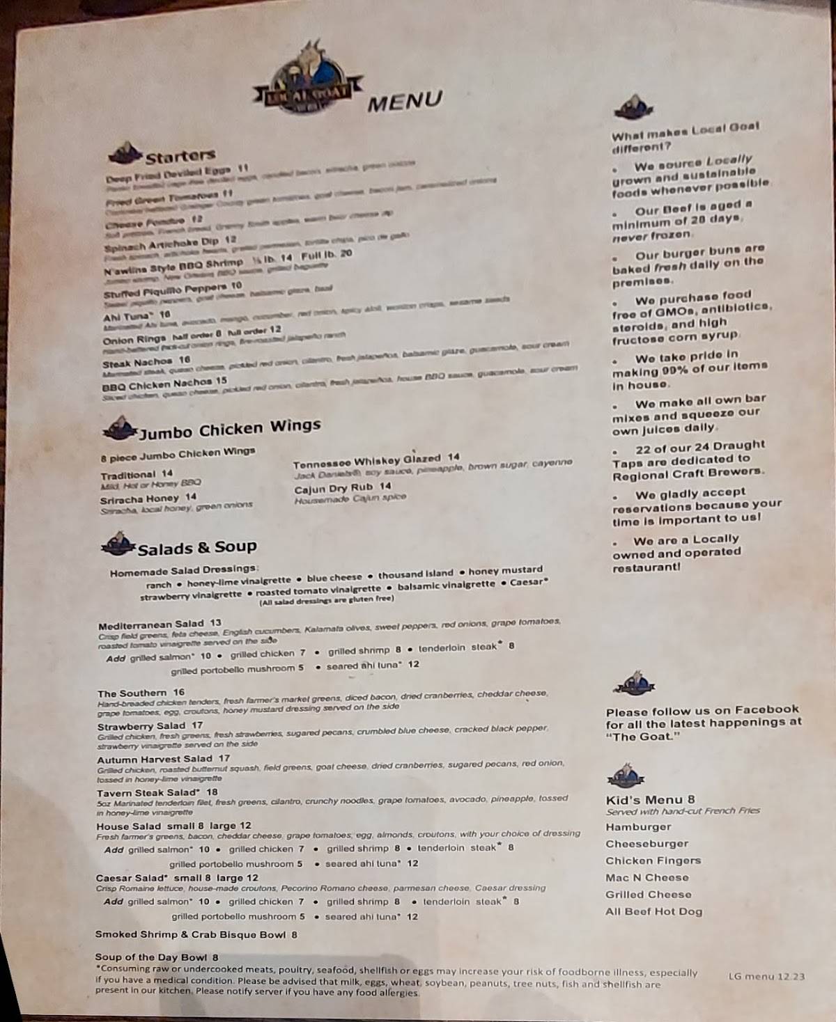 Menu at Local Goat New American Restaurant, Pigeon Forge