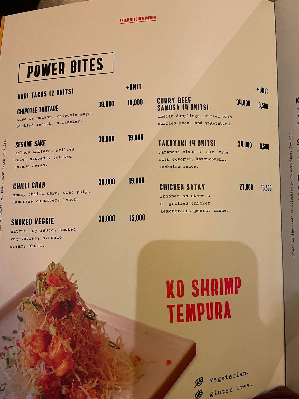 Carta del restaurante Ko Asian Kitchen, Bogotá