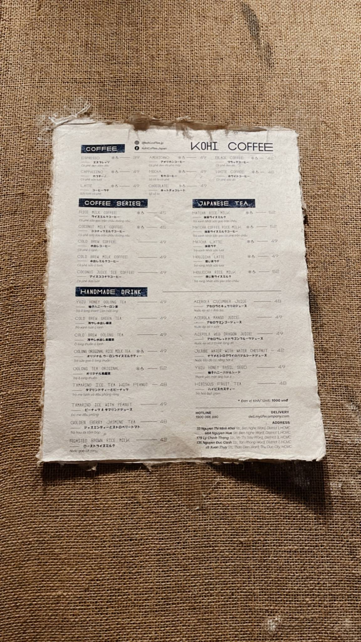 Menu at Kohi Coffee restaurant, Ho Chi Minh City, 68A Đ. Nguyễn Huệ