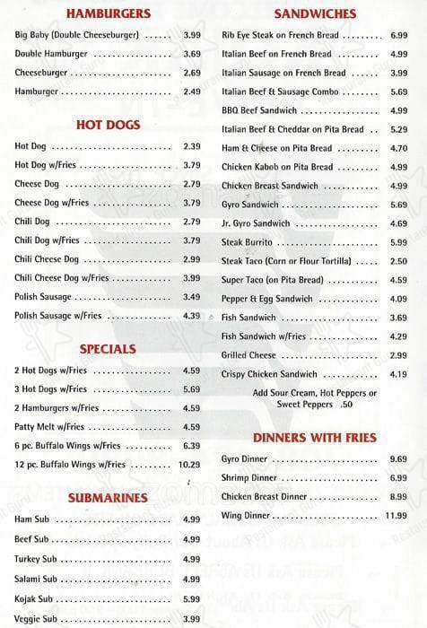 Menu at Kojak Drive-In Inc restaurant, Burbank