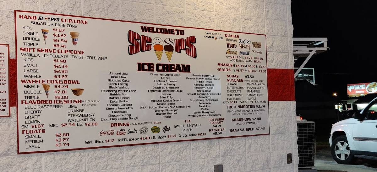 Menu at Scoops Ice Cream, Kokomo, 408 Arrow St