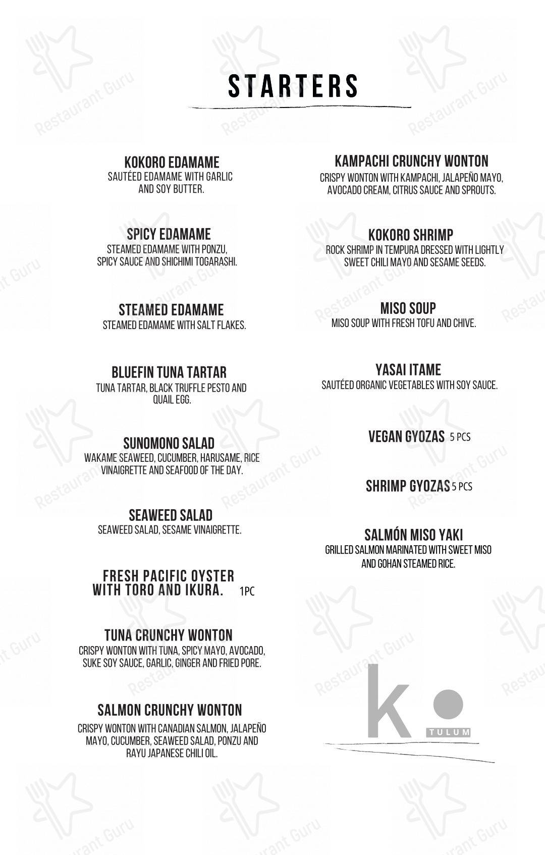 Carta del restaurante Kokoro Tulum, Tulum