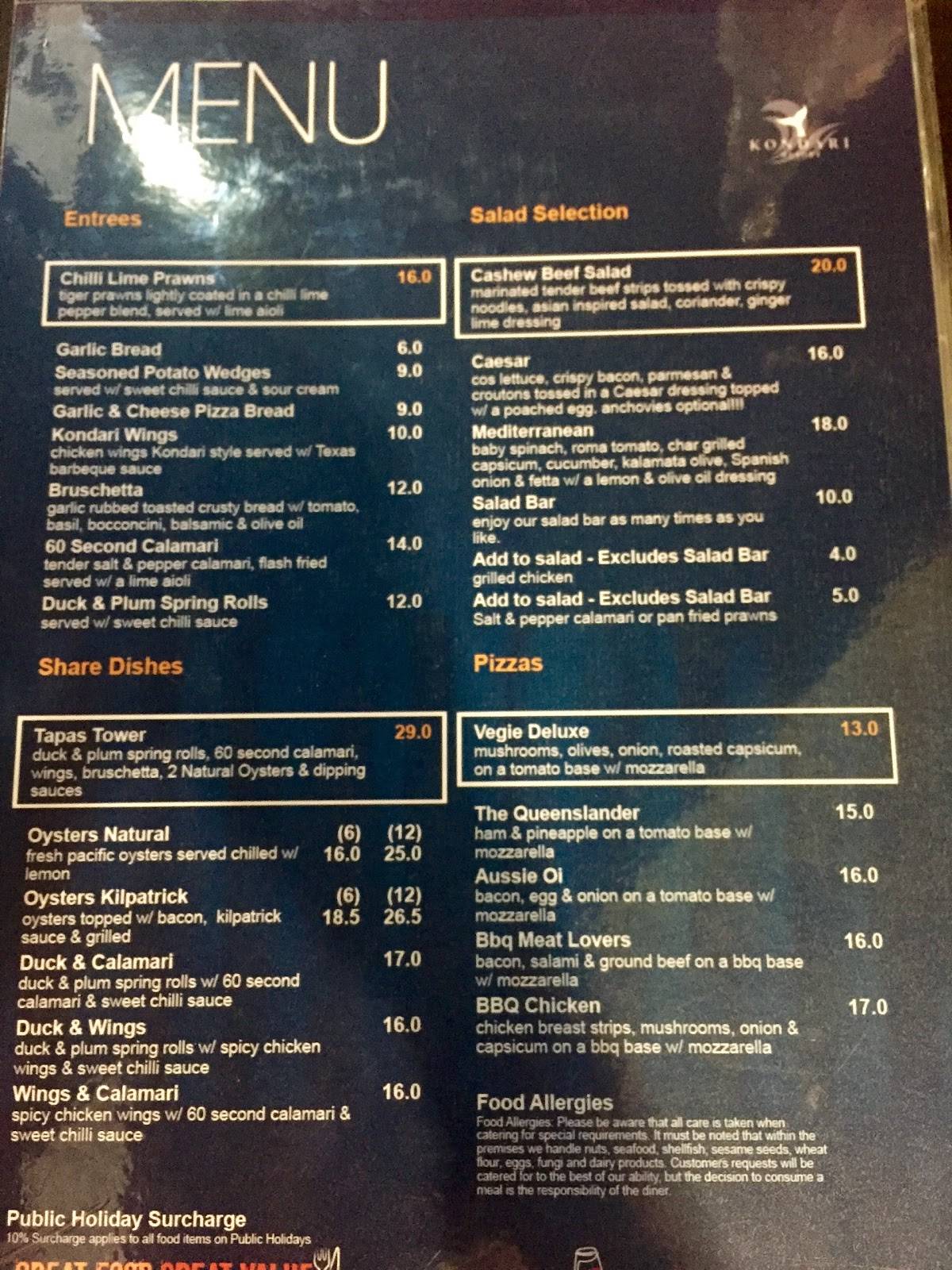 Menu at Kondari Hotel pub & bar, Urangan