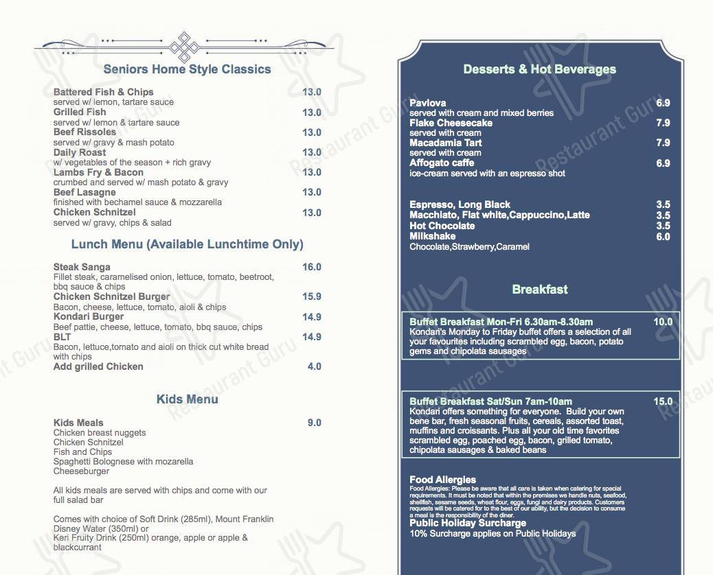 Menu at Kondari Hotel pub & bar, Urangan