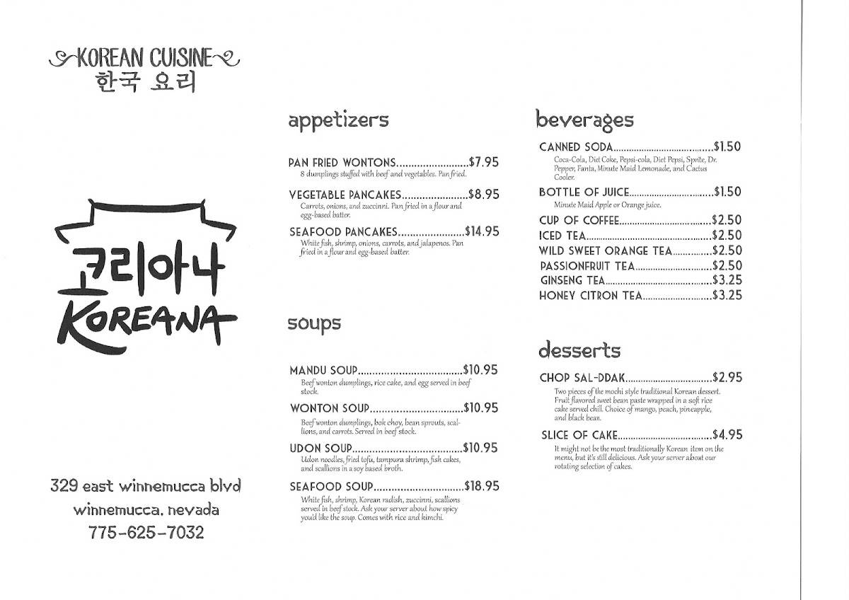 Menu at Koreana Korean Cuisine restaurant, Winnemucca