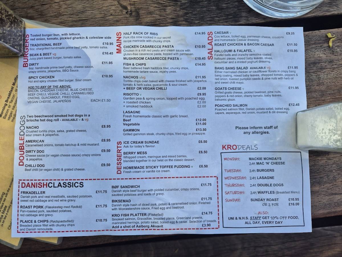Menu at Kro Bar, Manchester, 325 Oxford Rd