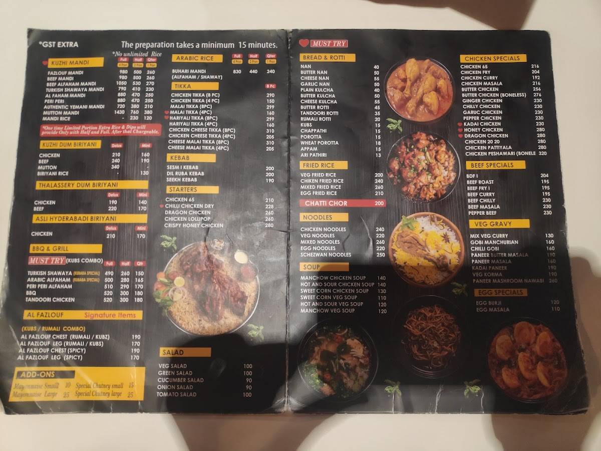Menu at Kubaba Food Park, Alappuzha, Indhira Junction Bus Stop