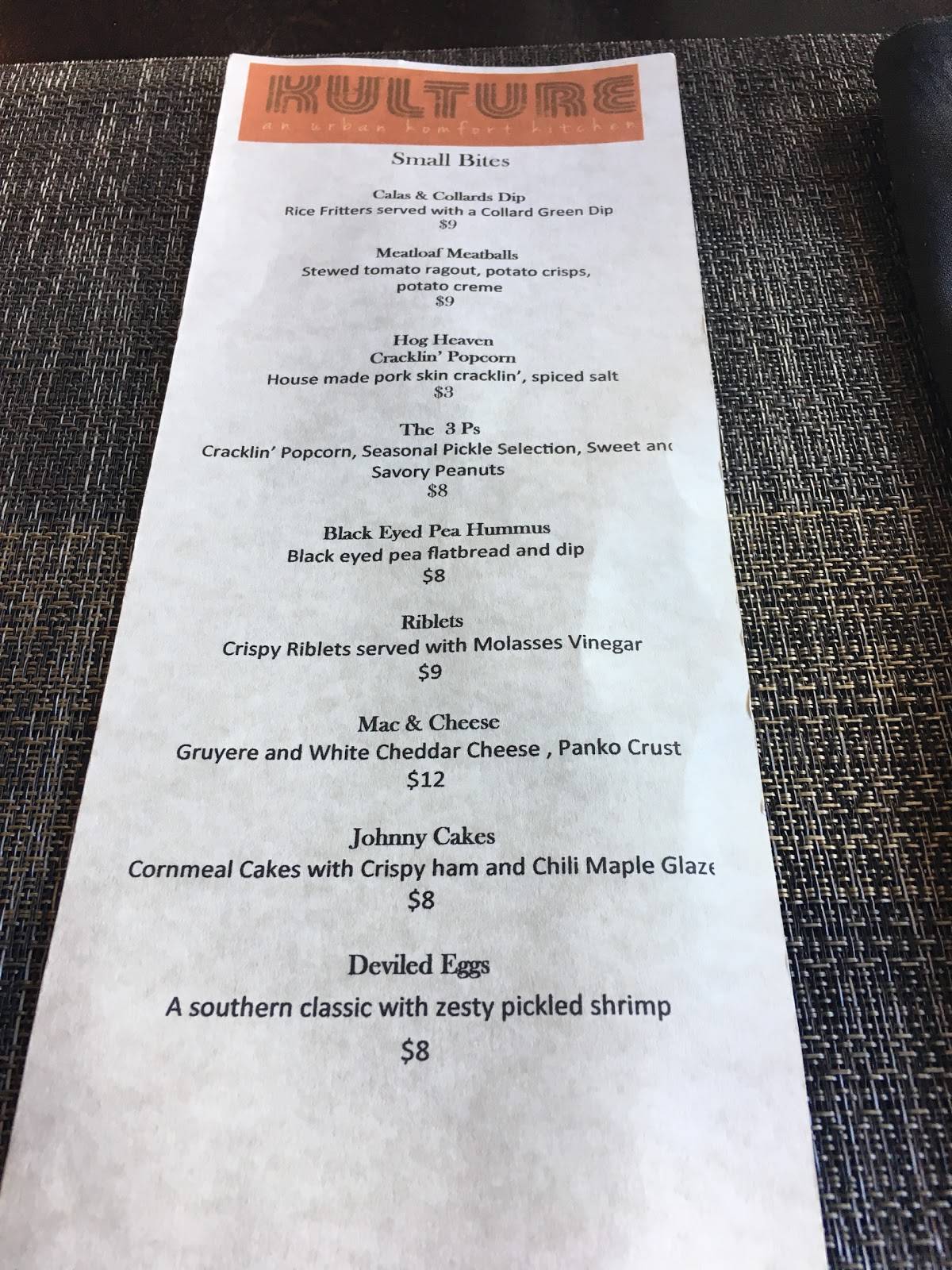 Menu at Kulture restaurant, Houston