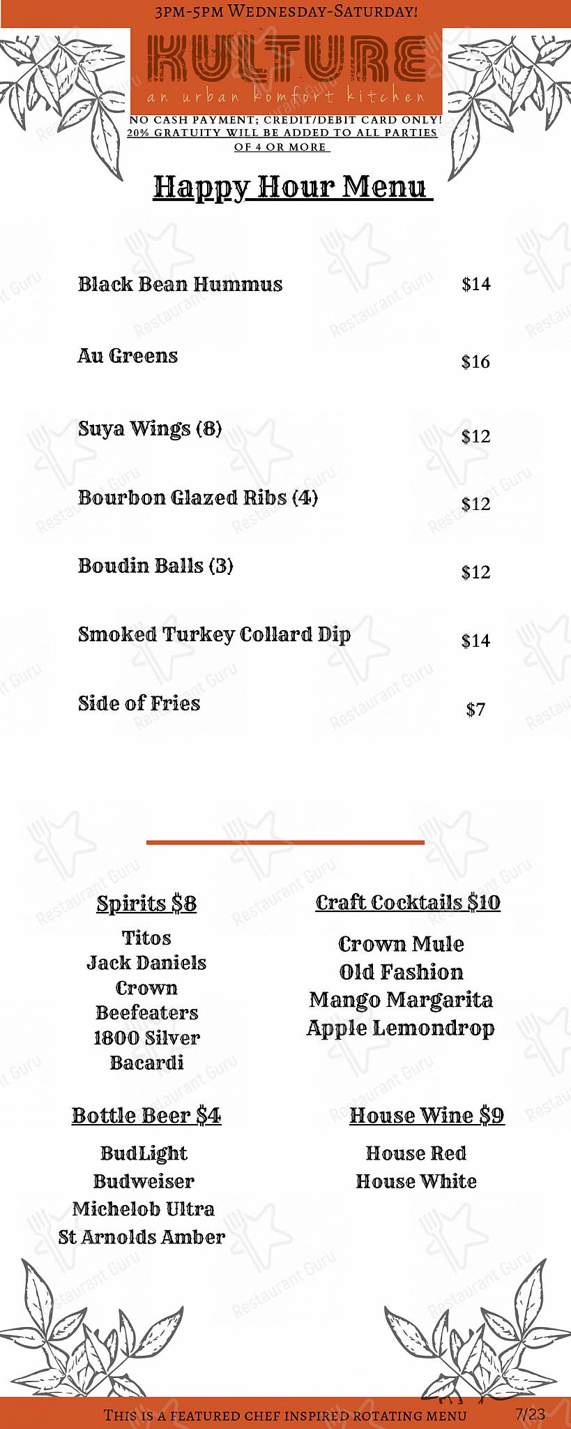 Menu at Kulture restaurant, Houston