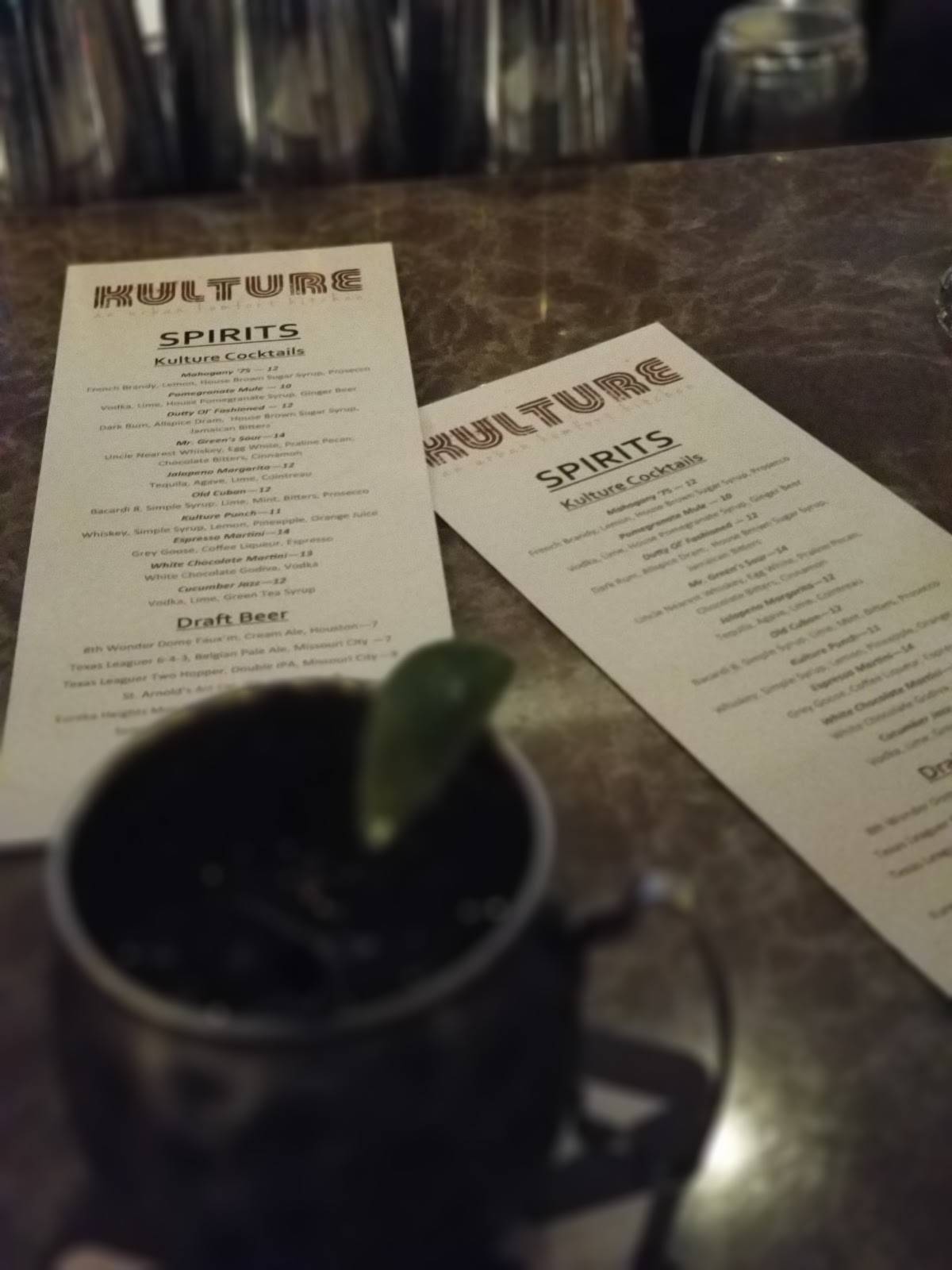 Menu at Kulture restaurant, Houston