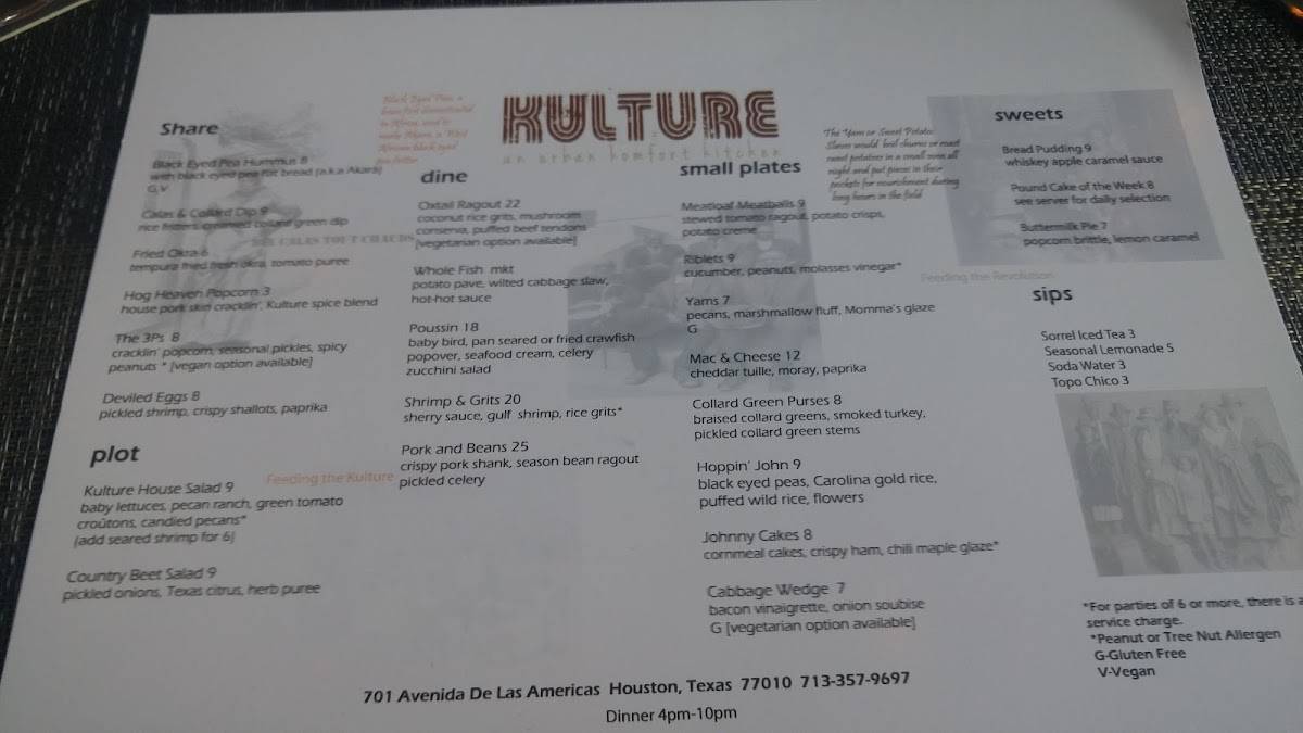 Menu at Kulture restaurant, Houston