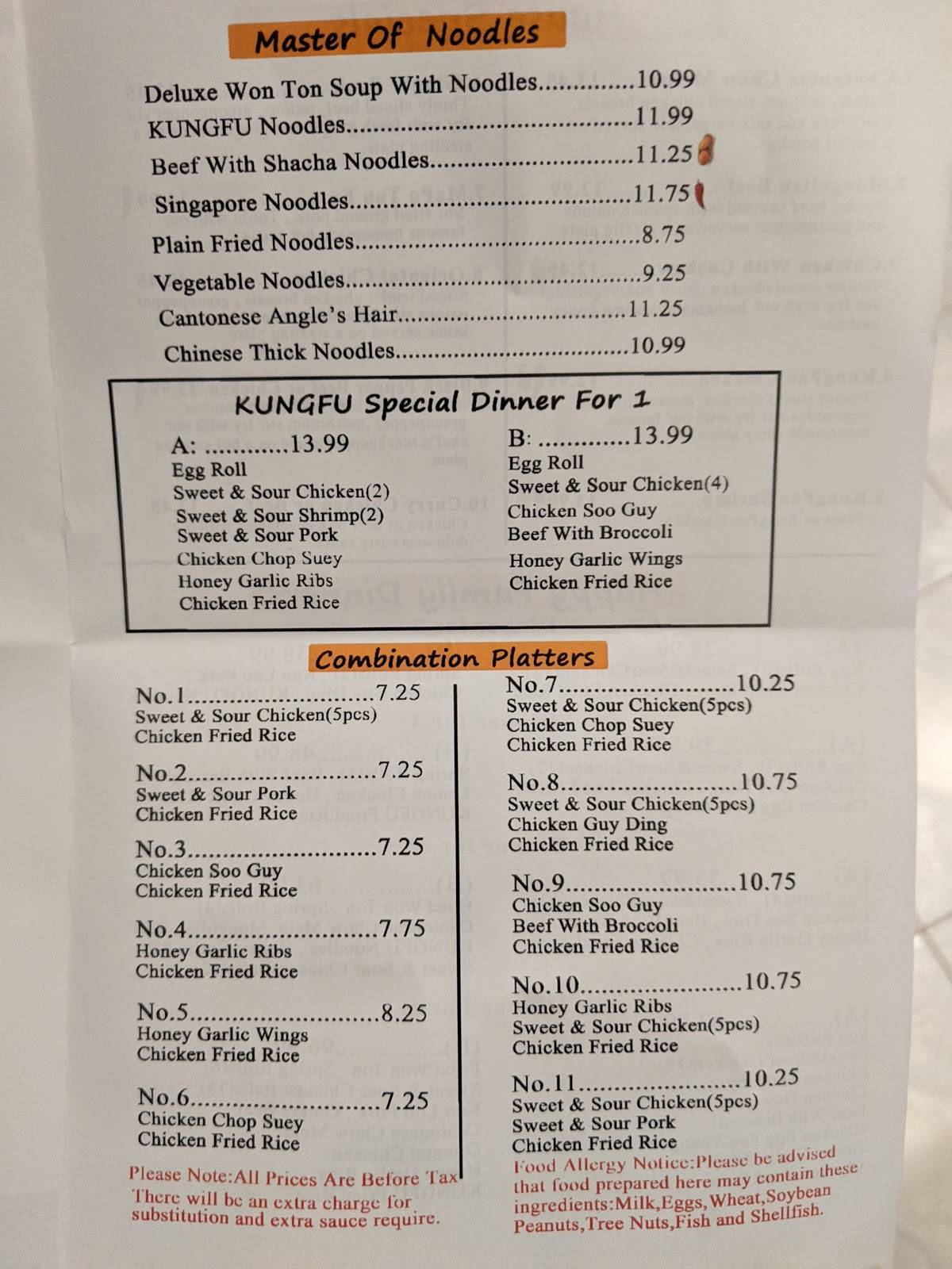 Menu at Kung Fu Chinese Restaurant, St. John's