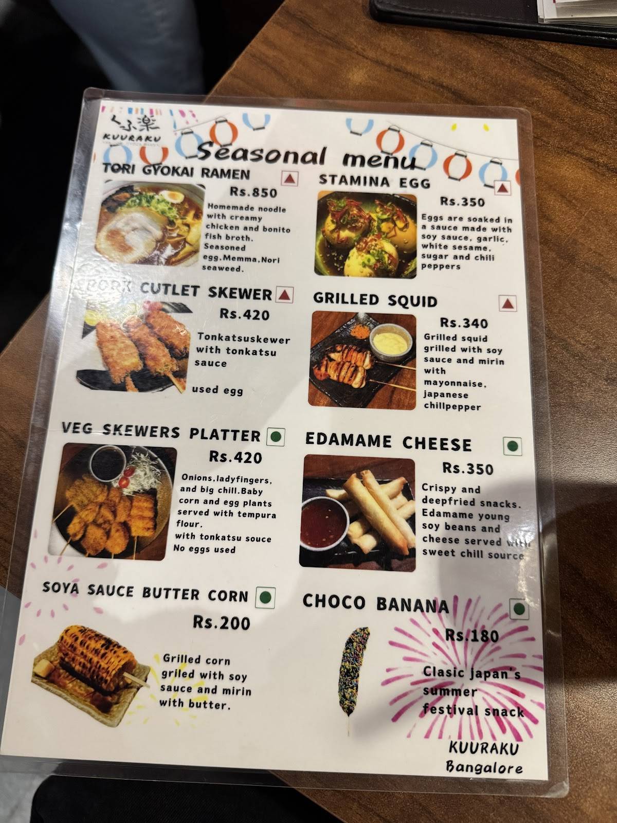 Menu at Kuuraku Bangalore, Bengaluru