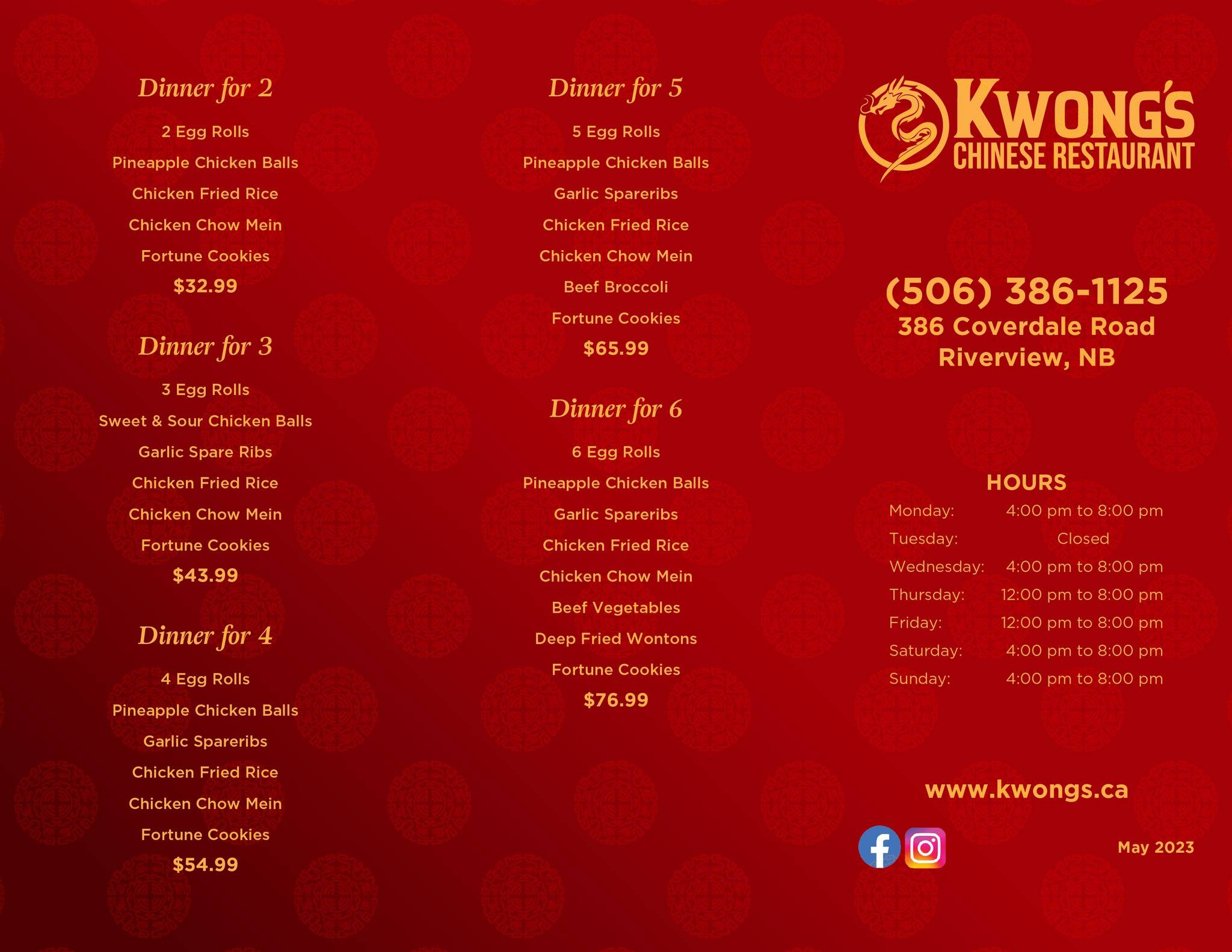 Menu at Kwong's restaurant, Riverview