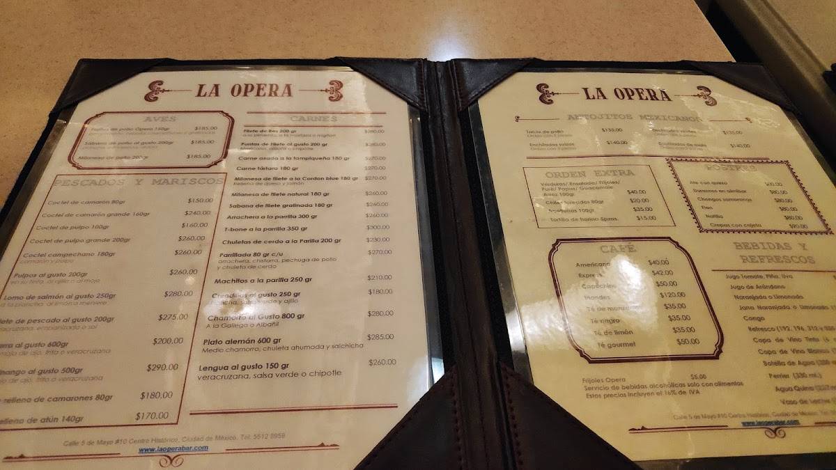 Carta del pub y bar LA OPERA, Ciudad del México, 5 del Mayo 10