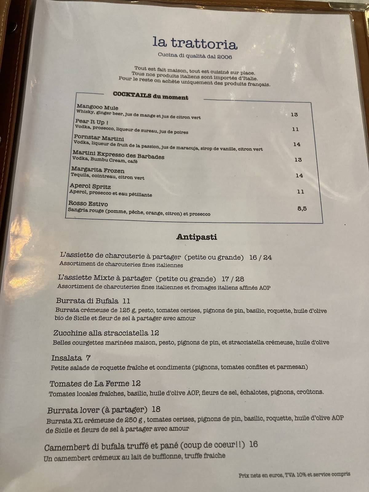 Menu au LA TRATTORIA restaurant, Reims