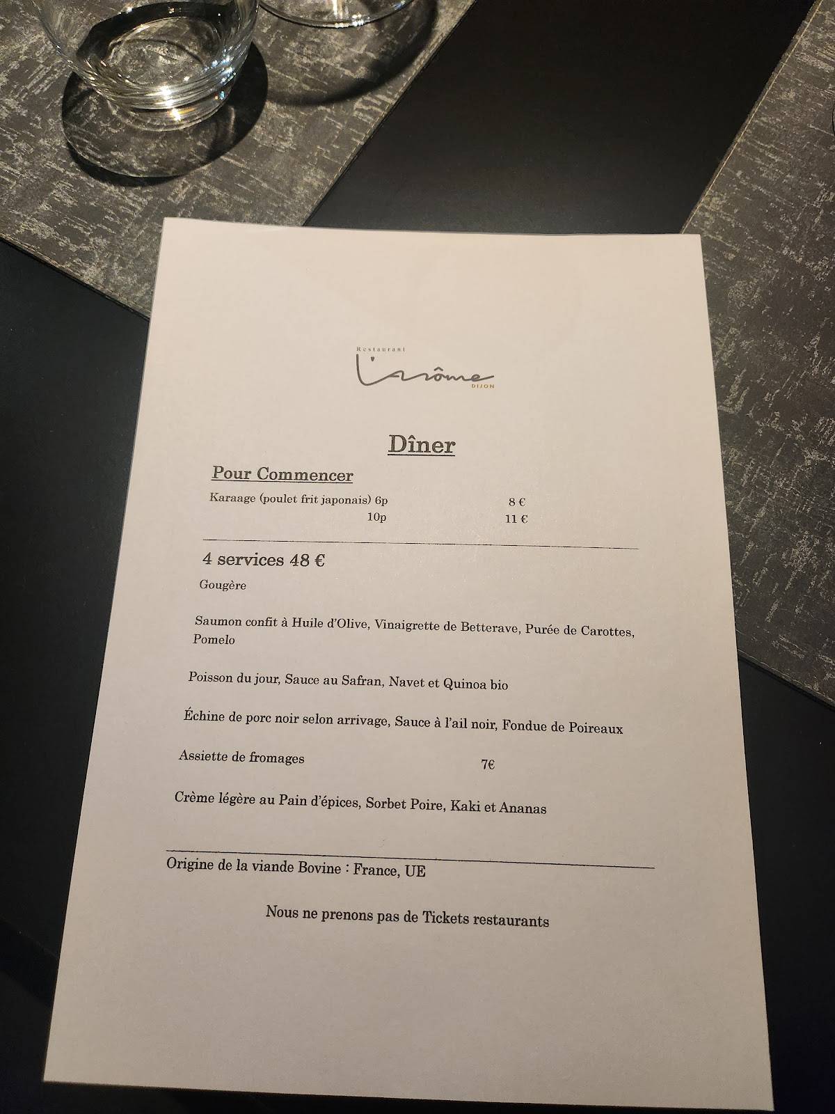 Menu au L'ARÔME restaurant, Dijon