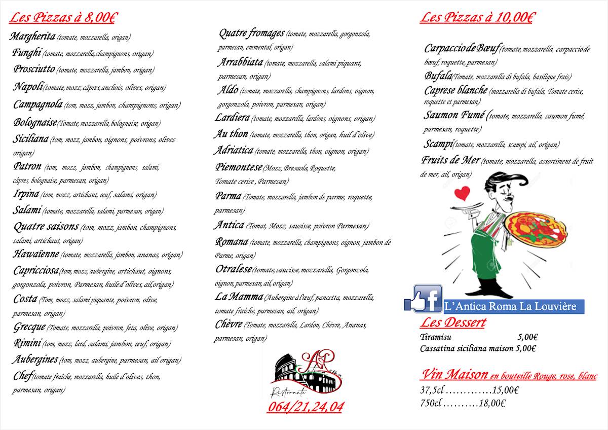 Menu au L'Antica Roma restaurant, La Louvière